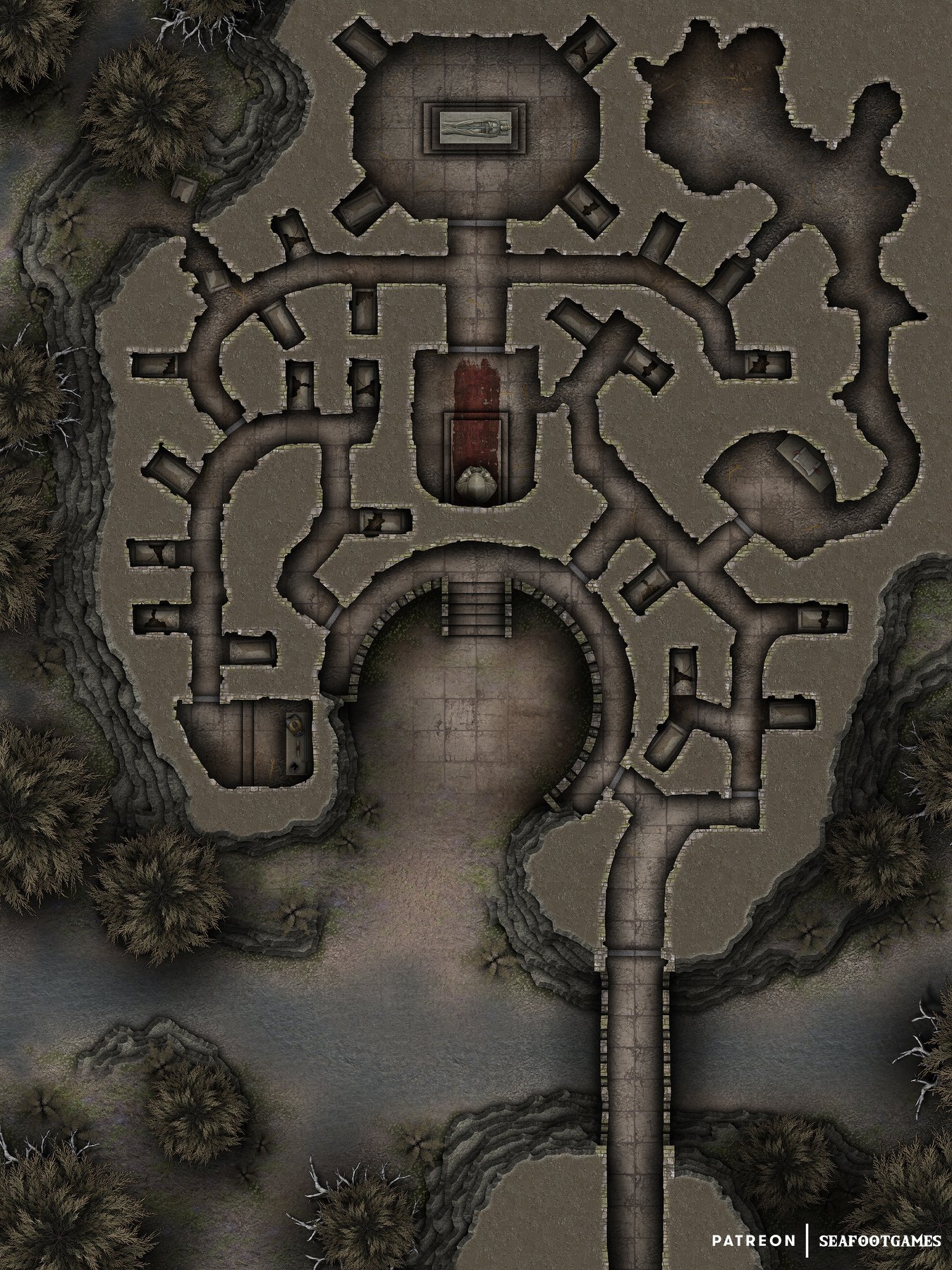 Free TTRPG Battlemap – Ravenwood’s Crypt • Seafoot Games