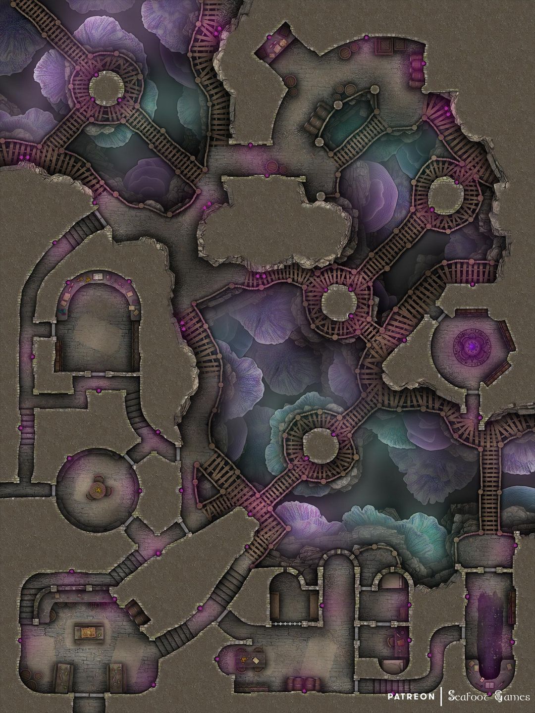 Free TTRPG Battlemap – Underdark Fungal Village • Seafoot Games