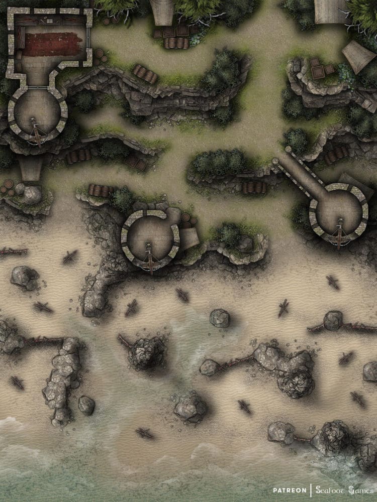 Free TTRPG Battlemap - Fortified Beach Outpost • Seafoot Games