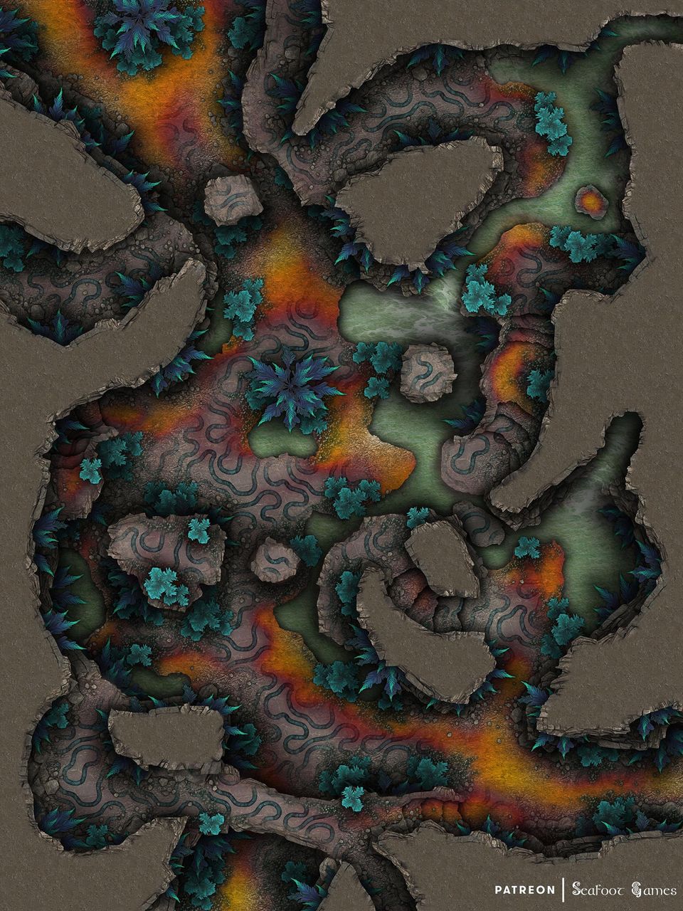 Free TTRPG Battlemap – Cerulean Jungle Caverns • Seafoot Games