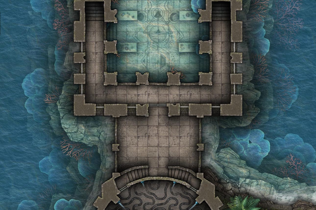 Free Multi-Level TTRPG Battlemap with Adventure – Sunken Coastal Temple